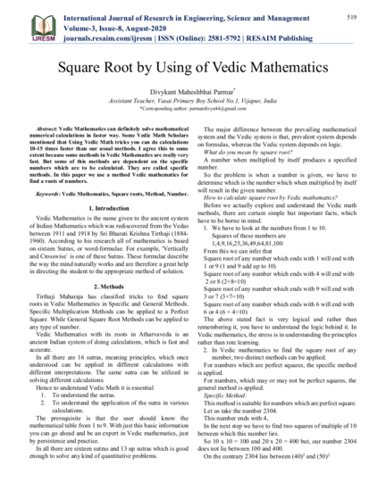 Square Root By Using Of Vedic Mathematics