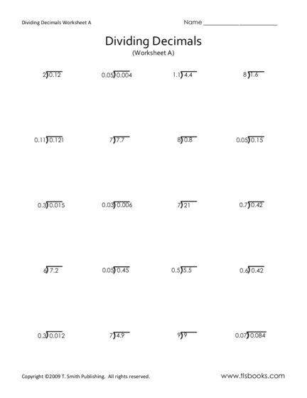 Worksheet On Division Of Decimal Numbers